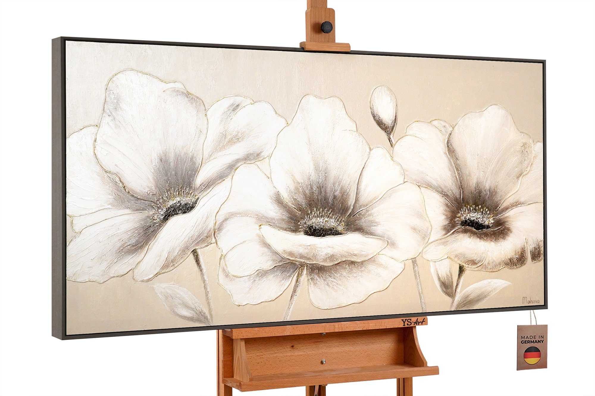 YS-Art Gemälde Blumen II, Blumen, Blumen auf Leinwand Bild Handgemalt Beige Weiß Schwarz